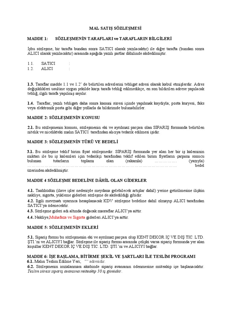 Satiş Sözleşmesi̇ | PDF