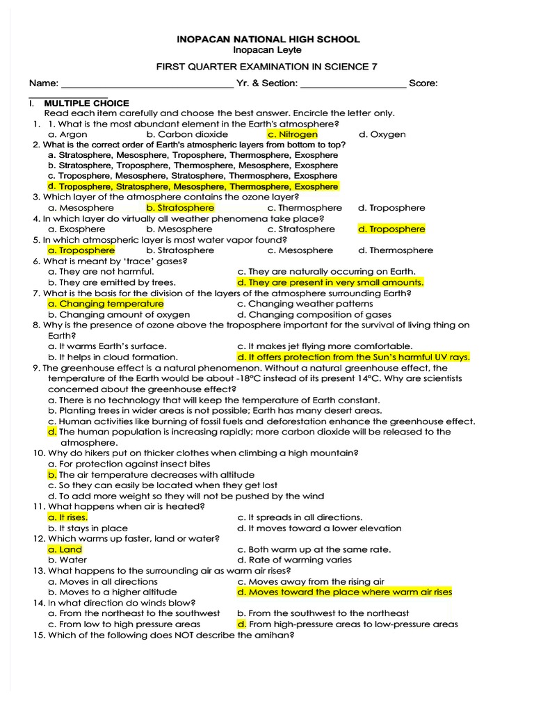 PDF 4th Quarter Examination Science 7 - Compress | PDF | Atmosphere Of ...