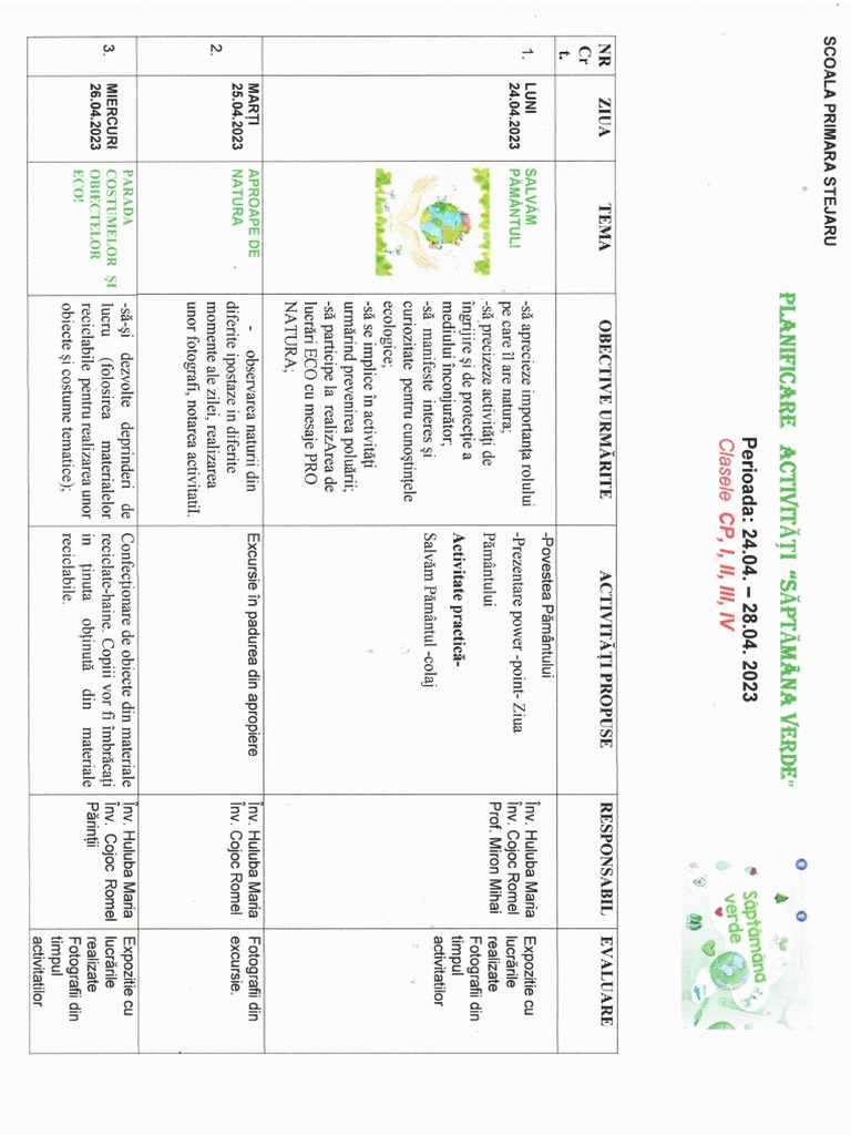 Planificare - Activitati - Saptamana - Verde 01 | PDF