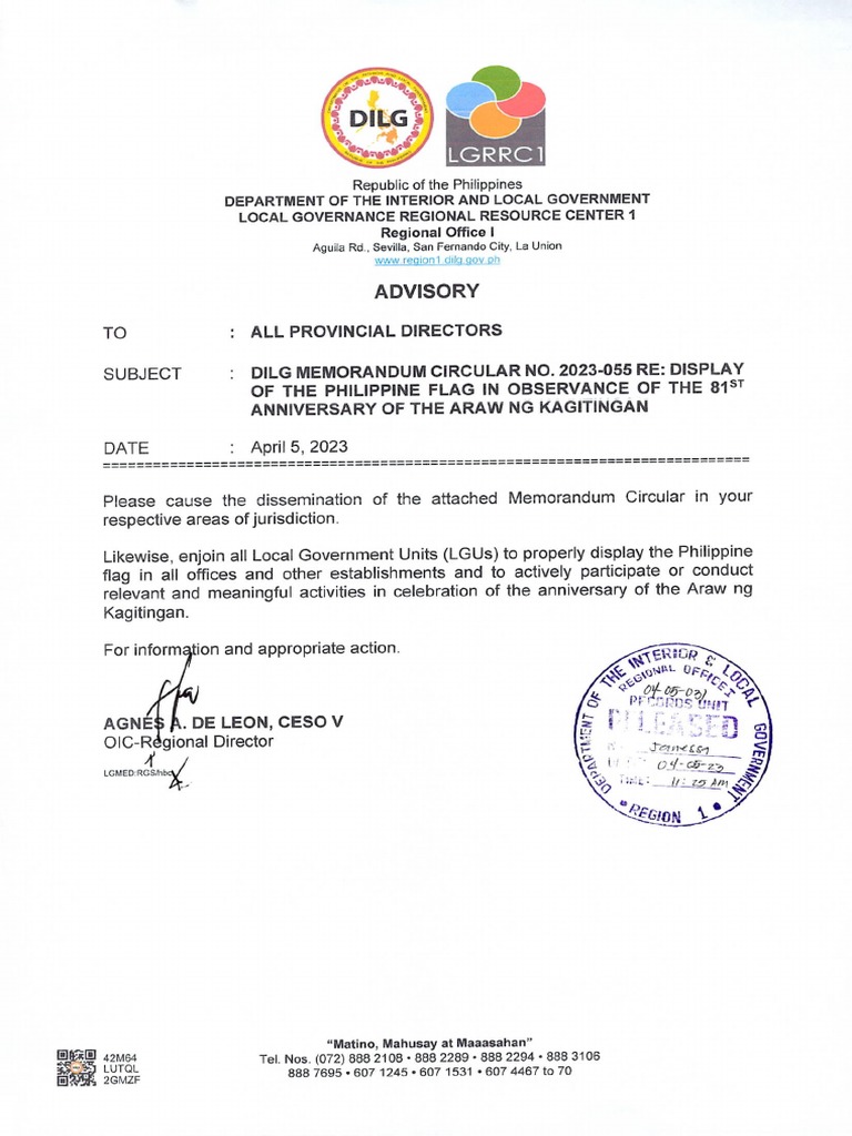 Dilg Memorandum Circular No. 2023-055 Re Display of The Philippine Flag in Observance of The ...