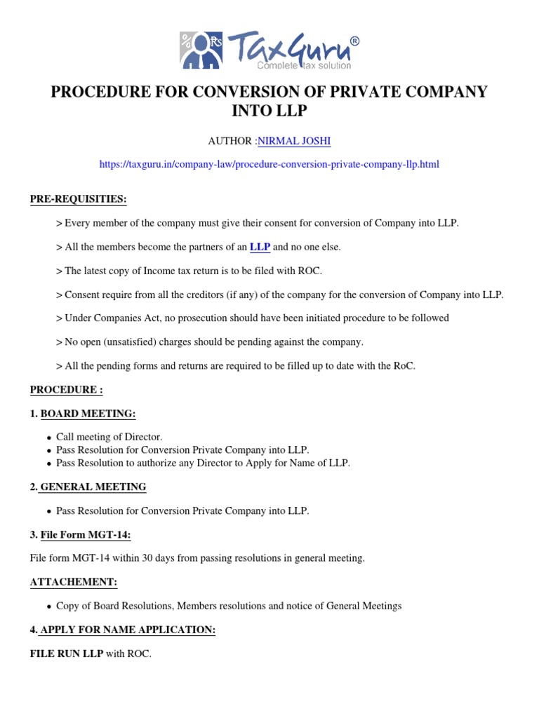 Procedure For Conversion of Private Company Into LLP | PDF | Limited Liability Partnership ...