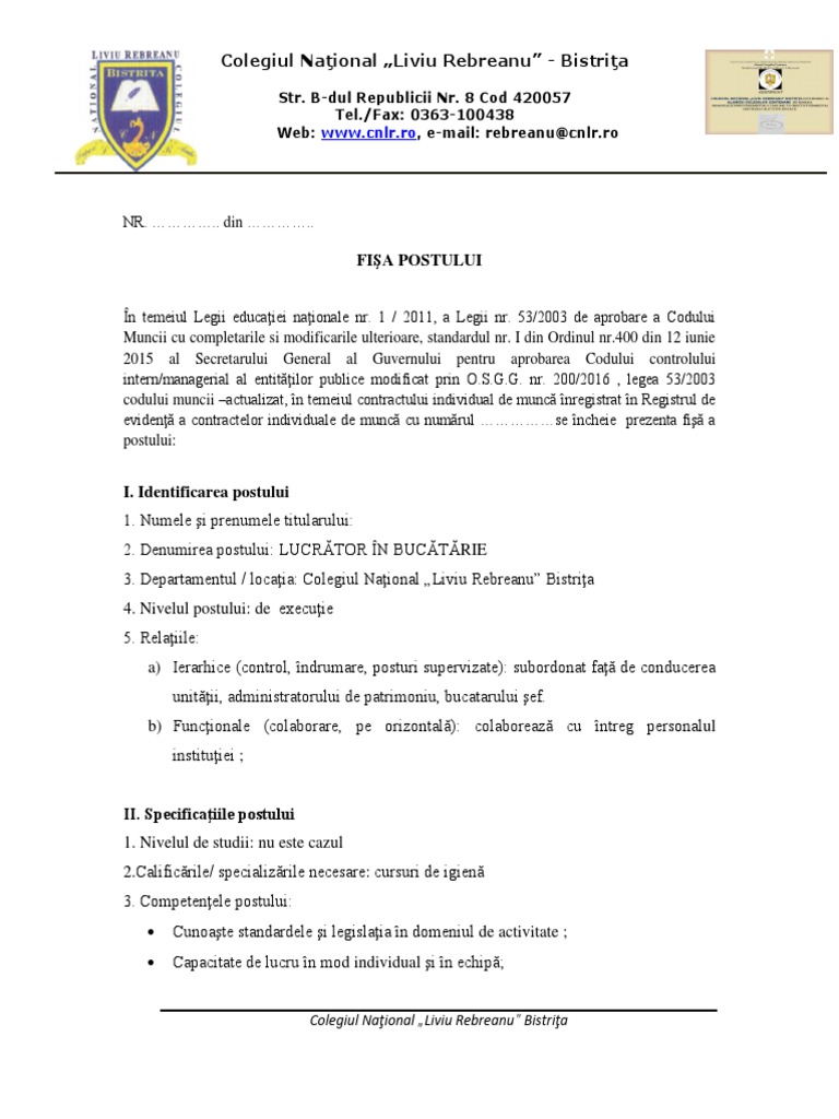 Fisa Post Ajutor Bucatar Model | PDF