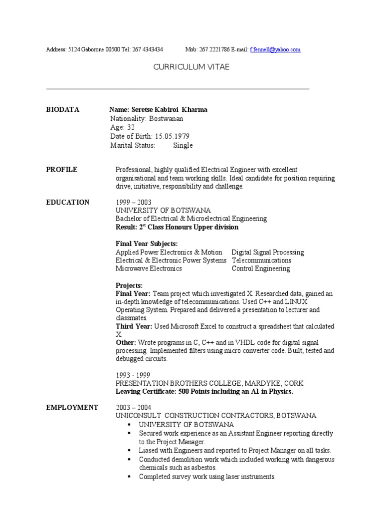 Sample Engineering CV | PDF | Engineer | Project Manager
