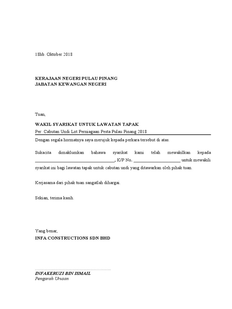 Wakil Syarikat - Surat Wakil Lawatan Tapak_cabut Undi | PDF
