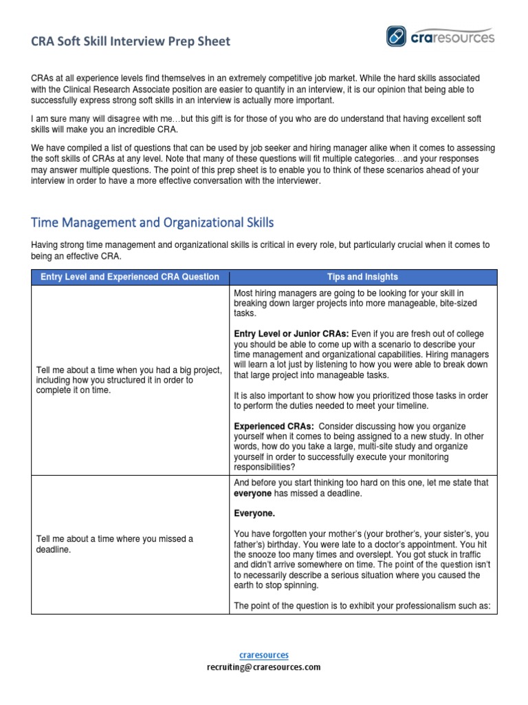 CRA Soft Skill Interview Prep Sheet 1675232402 | Download Free PDF | Critical Thinking ...