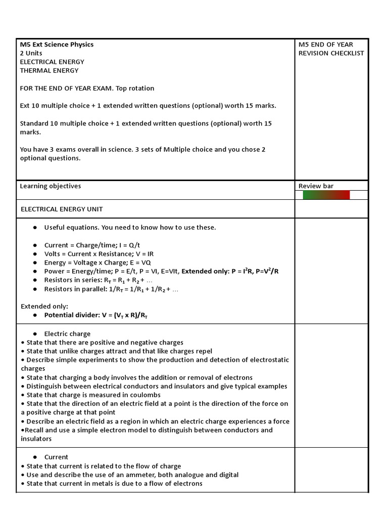 M5 Revision Checklist - Docx-2 | PDF | Gases | Heat