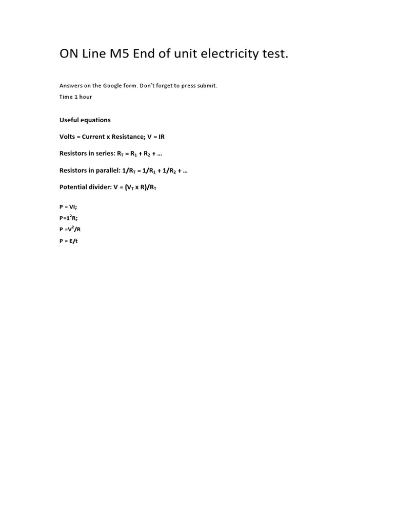 Electricity Unit Test Questions and Answers | PDF | Electrical ...