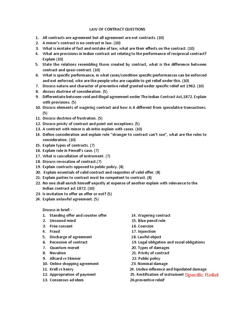 Law of Contract Questions | PDF | Legal Concepts | Doctrine