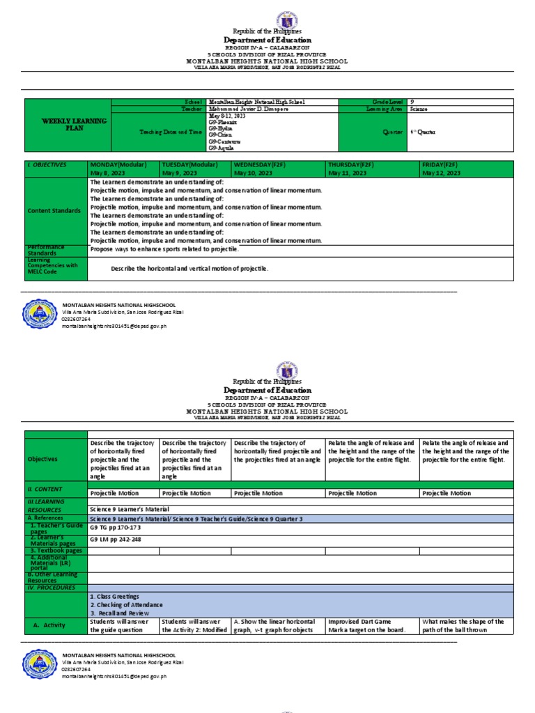Weekly-Learning-Plan Q4 Week34 DIMAPORO | PDF | Mechanics | Applied And Interdisciplinary Physics
