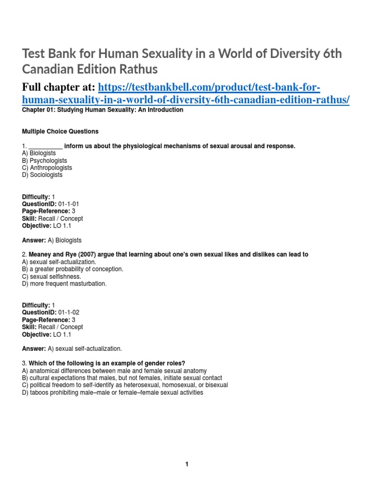 Test Bank For Human Sexuality In A World Of Diversity 6th Canadian