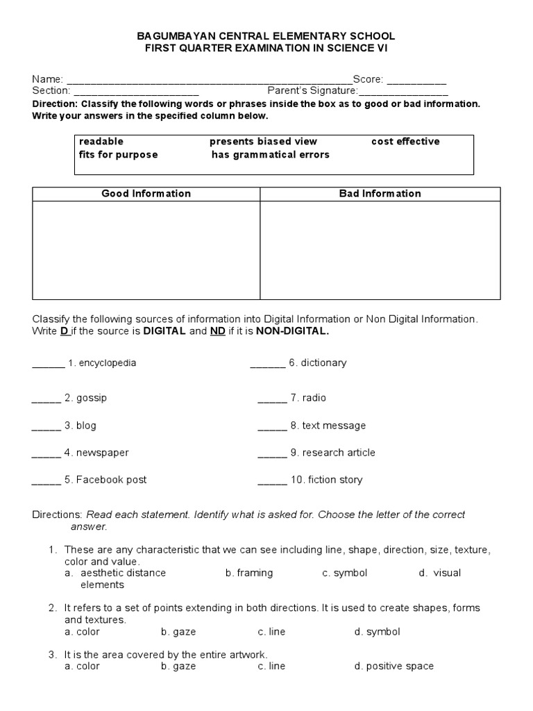 Science VI First Quarter Exam Guide | PDF | Information | Aesthetics