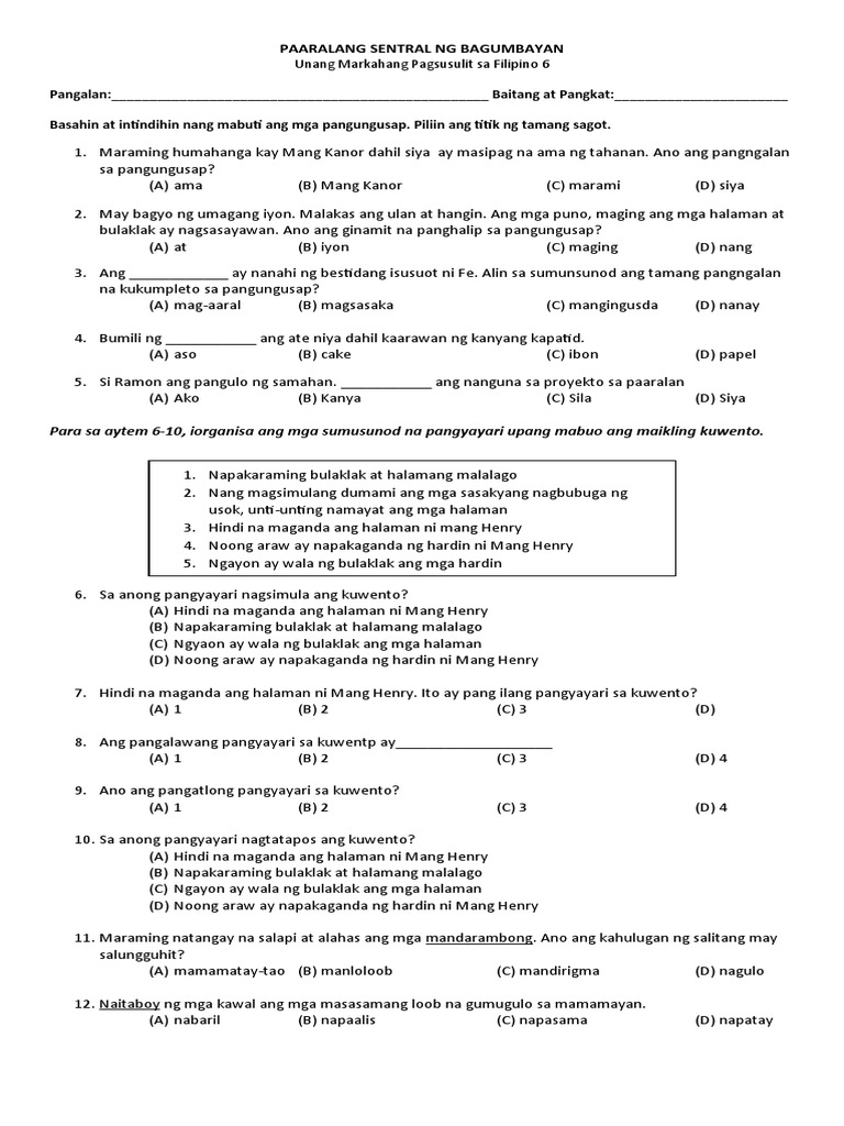 Filipino 1st Grading Exam 2022-2023 | PDF
