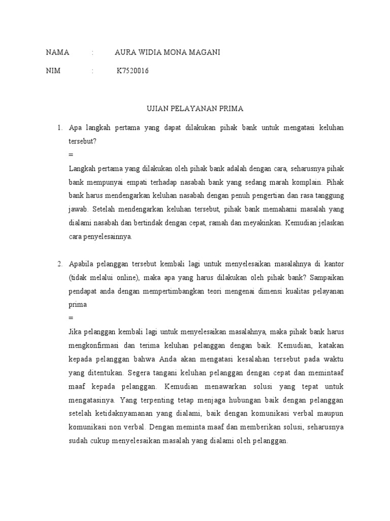 Aura Widia Mona M - K7520016 - Ujian Pelayanan Prima | PDF | Pengelolaan Keuangan & Uang