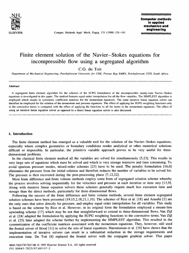 Finite Element Solution Of The Navier Stokes Equations For Pdf