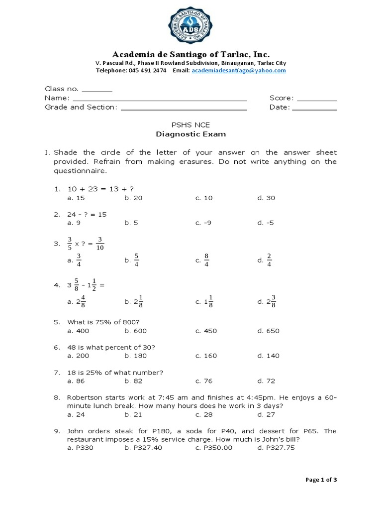 Diagnostic Exam - Grade 6 | PDF