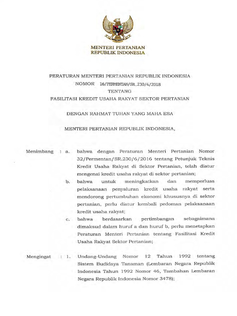 Permentan Nomor 16 Tahun 2018 Tentang Fasilitasi KUR Sektor Pertanian | PDF