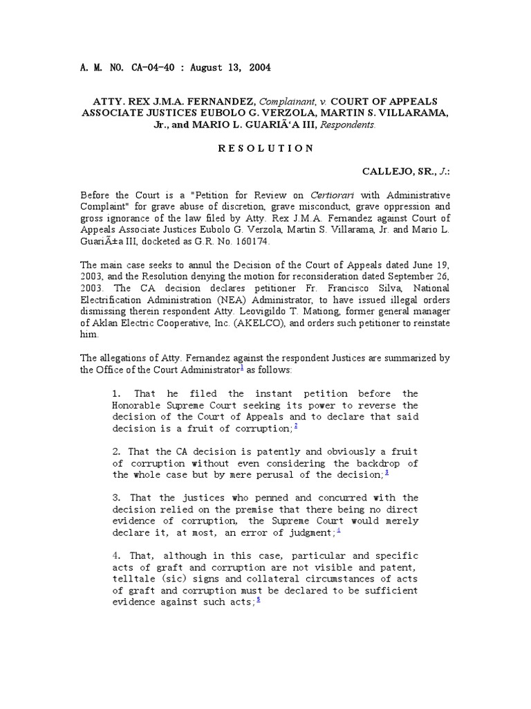 Rex J.M.A. Fernandez, V. Court of Appeals Associate Justices Eubolo G ...