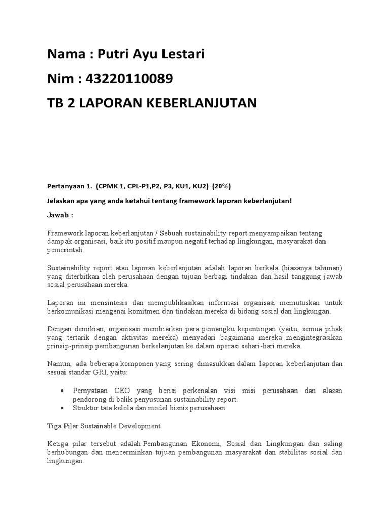 TB 2 Laporan Keberlanjutan - Putri Ayu Lestari - 43220110089 | PDF | Bisnis