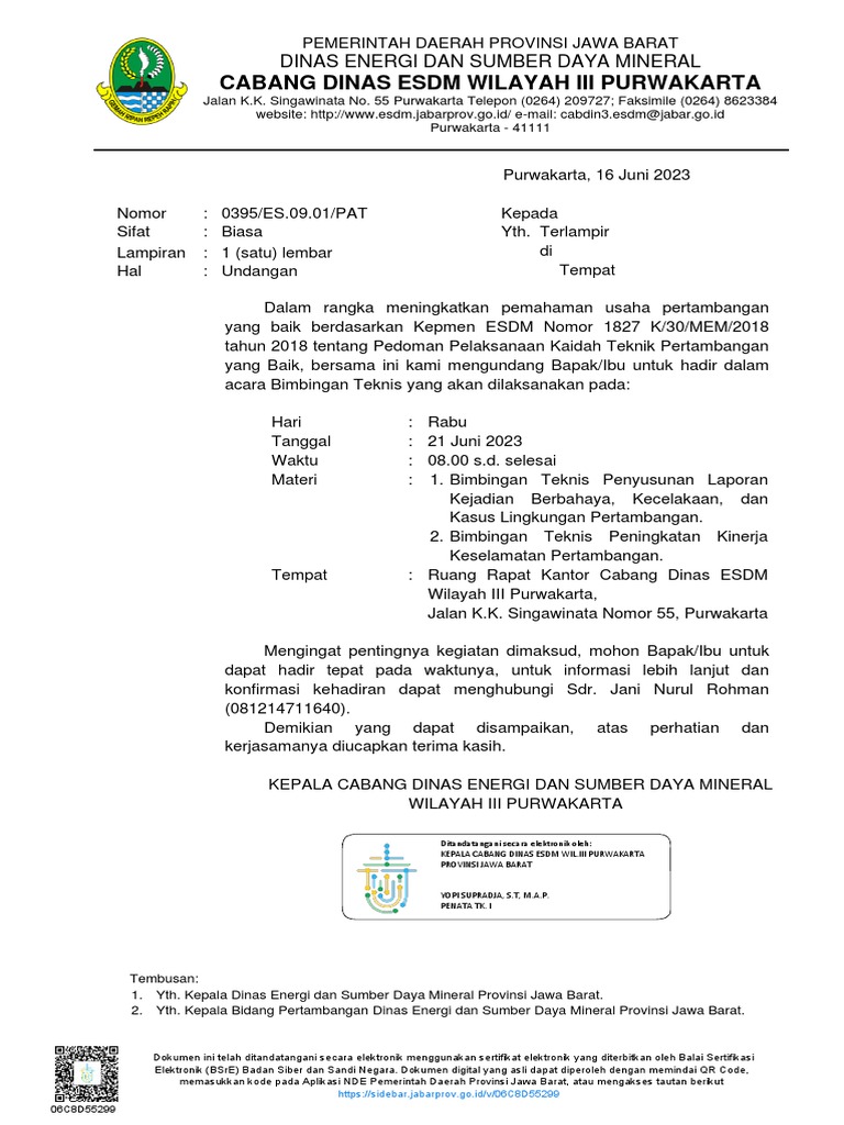 0395 230616 CD3 Undangan Bimtek Tambang 17062023 043825 Signed | PDF