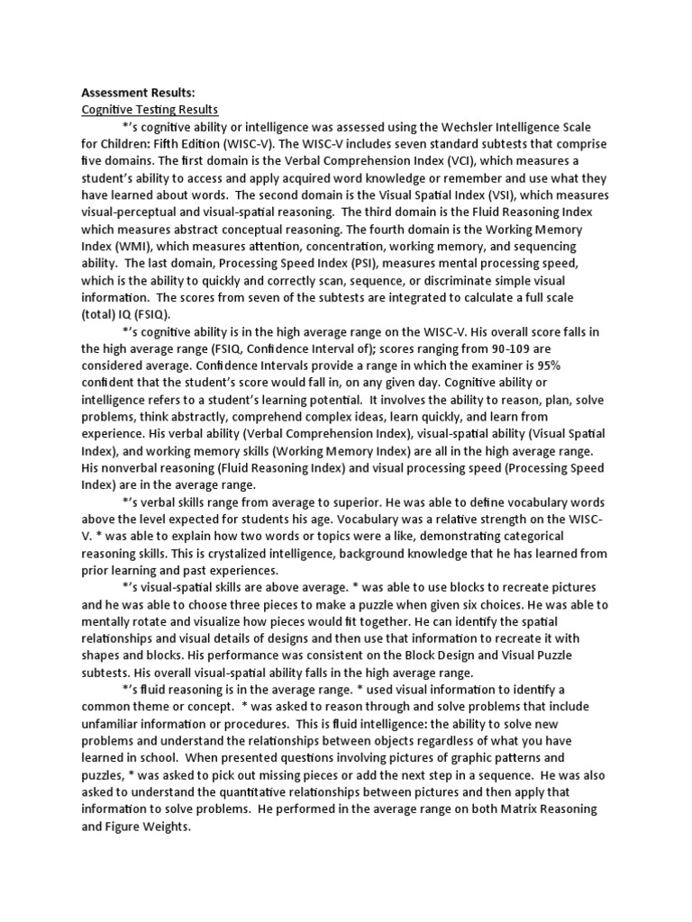 WISC-V Template | PDF | Wechsler Adult Intelligence Scale | Behavior ...