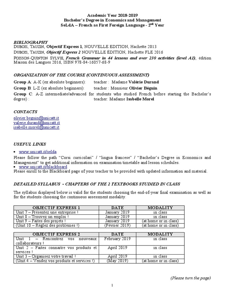 Detailed Syllabus - French As Foreign Language 2 - ALL 2018-2019 | PDF | Pronoun | Grammatical ...