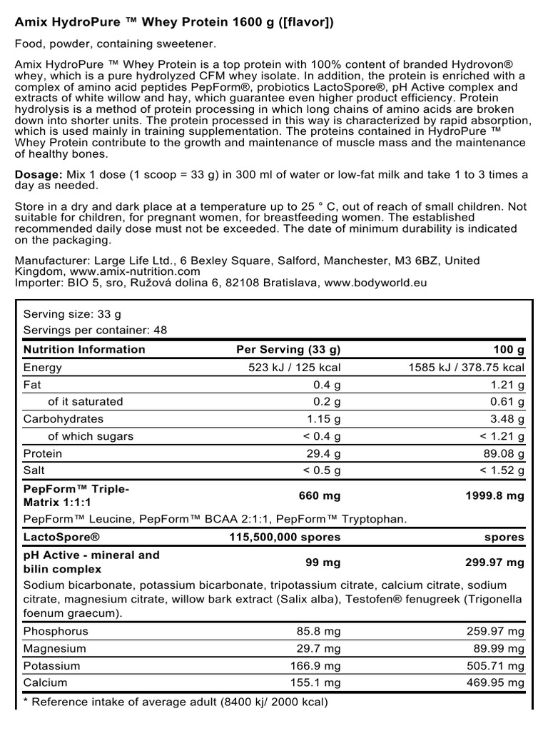 Amix Hydropure Whey Protein 1600 G Vanilla | PDF | Magnesium | Proteins
