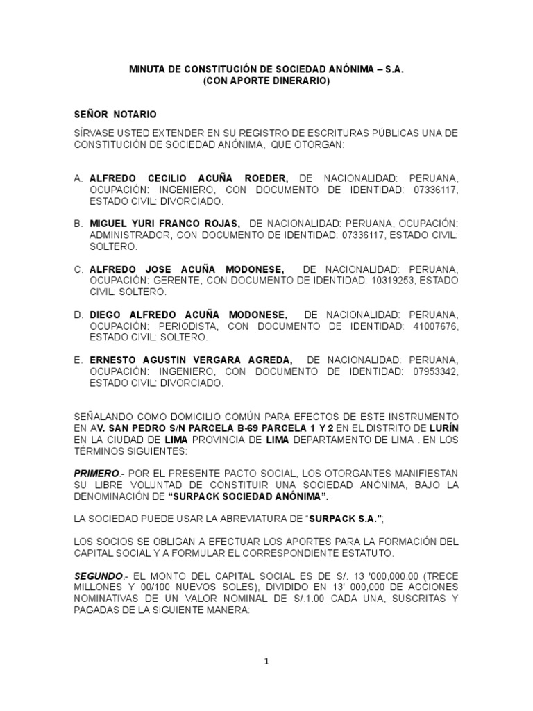 MINUTA DE CONSTITUCIÓN DE SOCIEDAD ANÓNIMA CON APORTE DINERARIO - Surpack S.A..docx | PDF