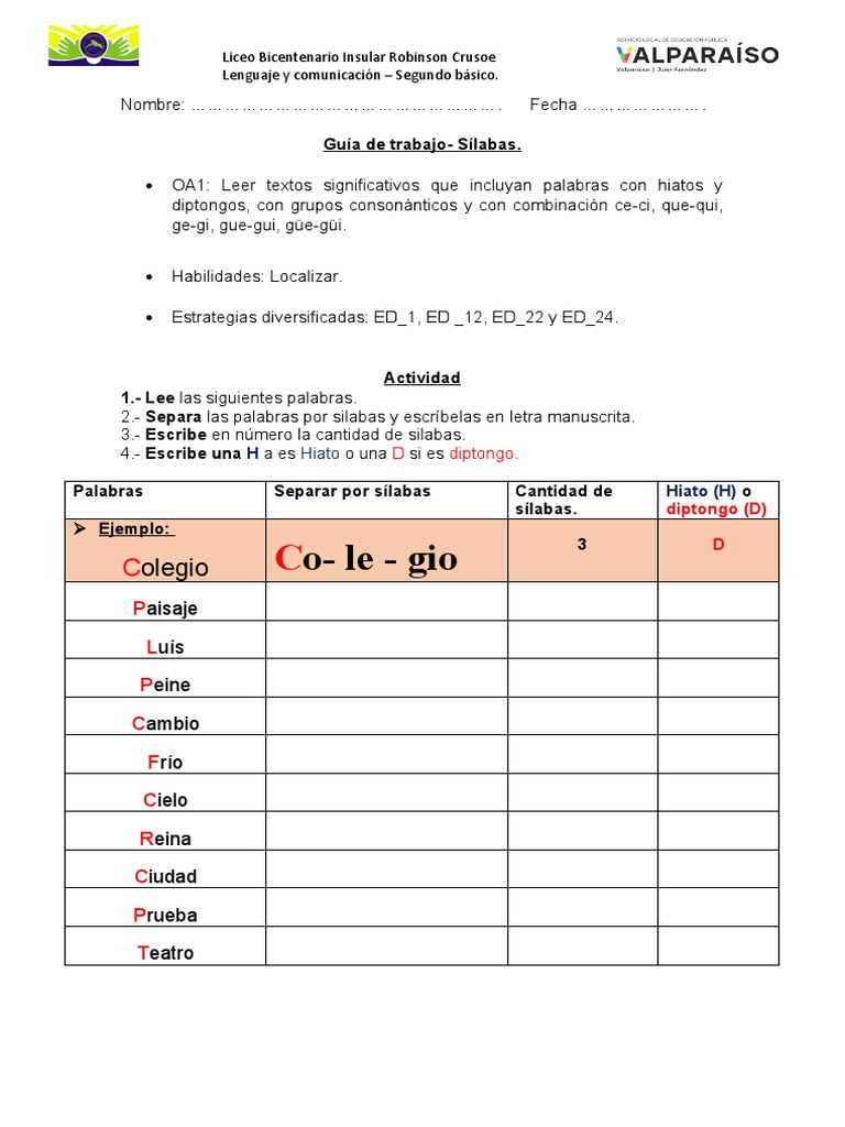 Guia de Hiato y Diptongo | PDF