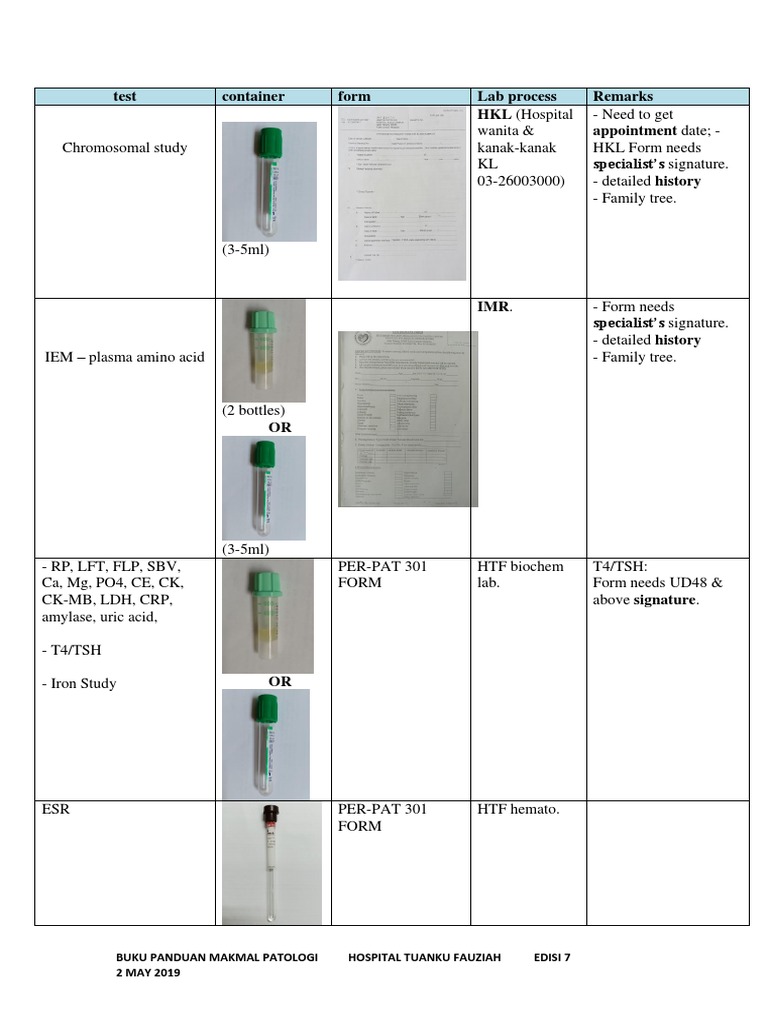 Test Container Form Lab Process Remarks HKL (Hospital Appointment Date ...