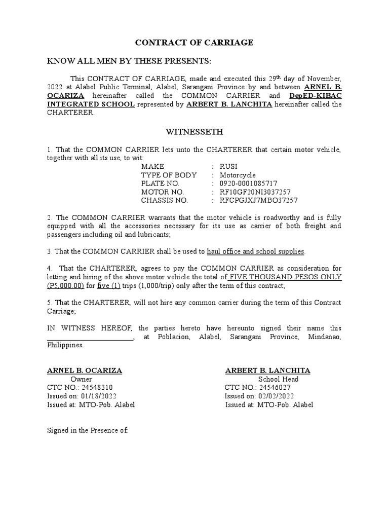 Contract of Carriage | PDF