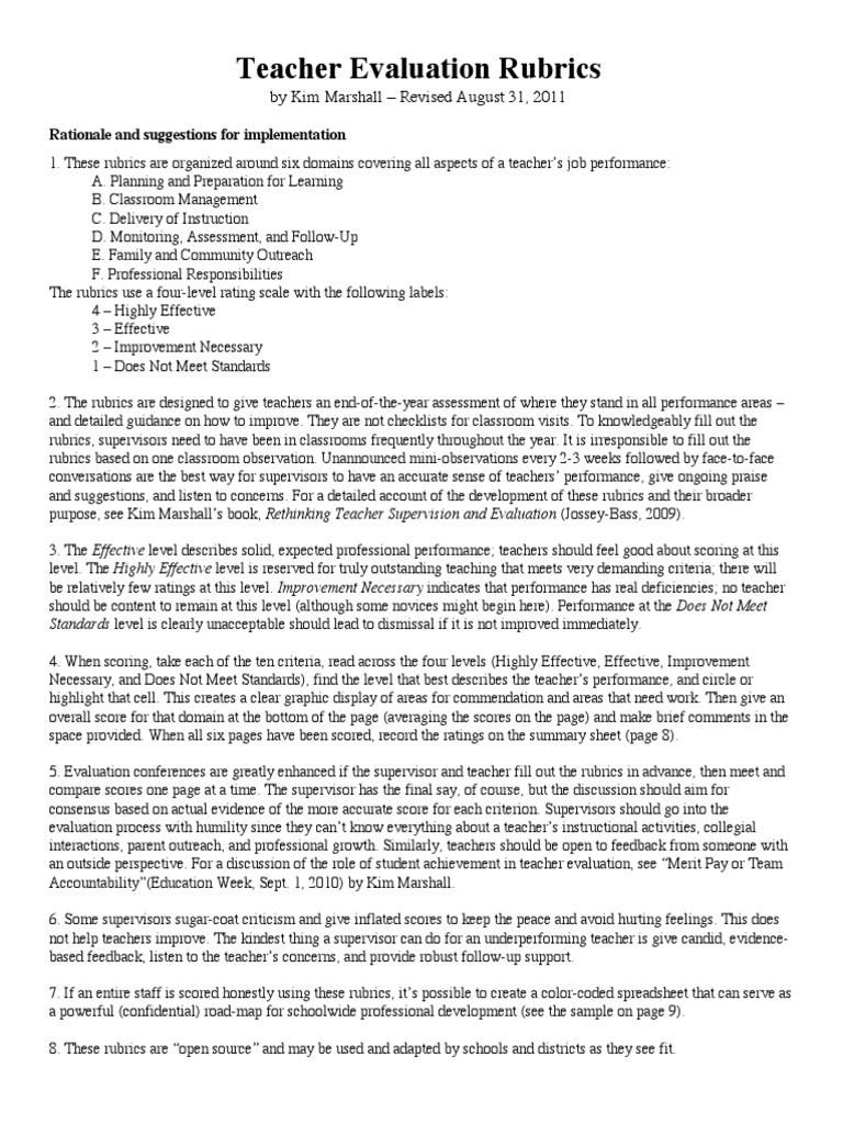 Kim Marshall Teacher Evaluation Rubric | PDF | Rubric (Academic ...