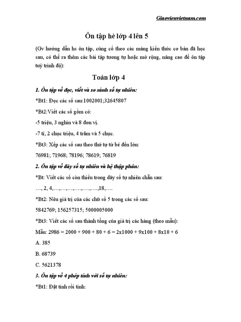 On Tap He Toan Tieng Viet Lop 4 Len Lop 5 | PDF