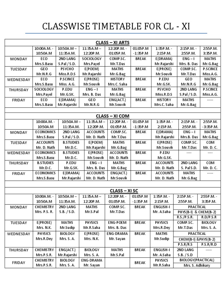Classwise Timetable For Cl-11' 2023-2024 | PDF