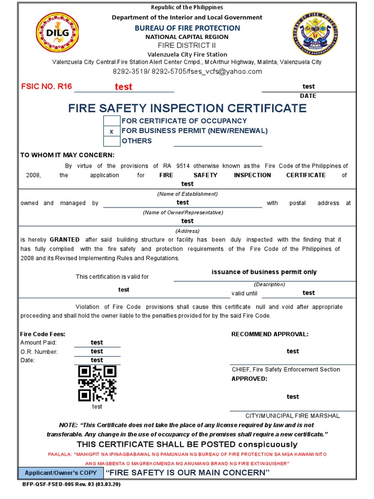 Fire Safety Inspection Certificate Philippines | PDF | Fire Safety | Justice