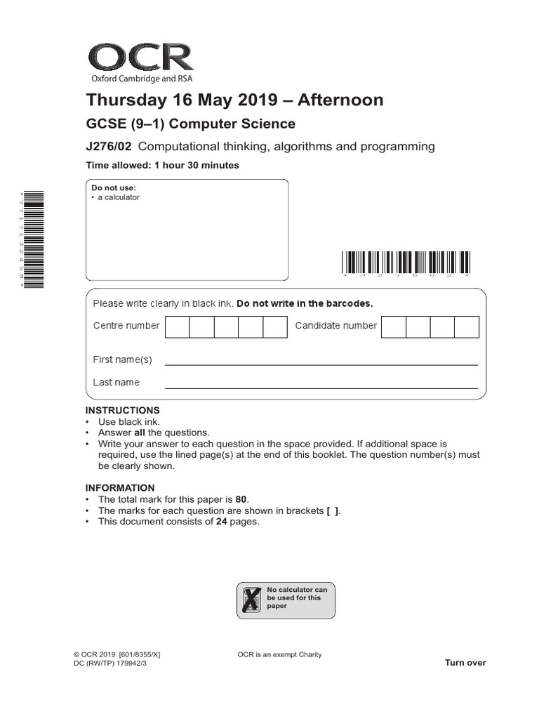 j276 - 02 May 2019 QP Ocr Gcse Computer Science | Download Free PDF | Data Compression ...