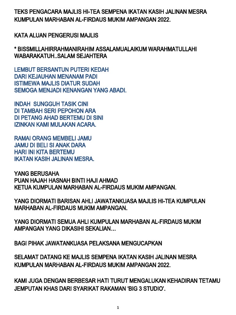 Teks Pengacara Majlis Hi-Tea 2022 | PDF | Ilmu Sosial | Memasak ...