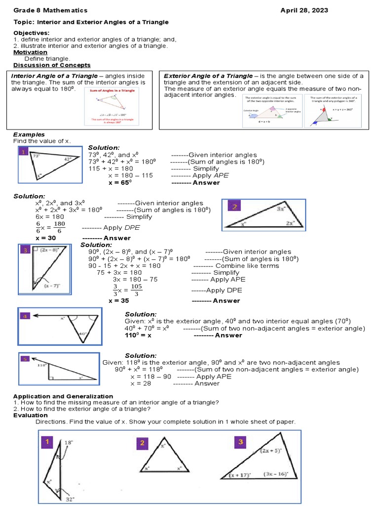 Interior and Exterior Angles of A Triangle | PDF | Triangle | Angle