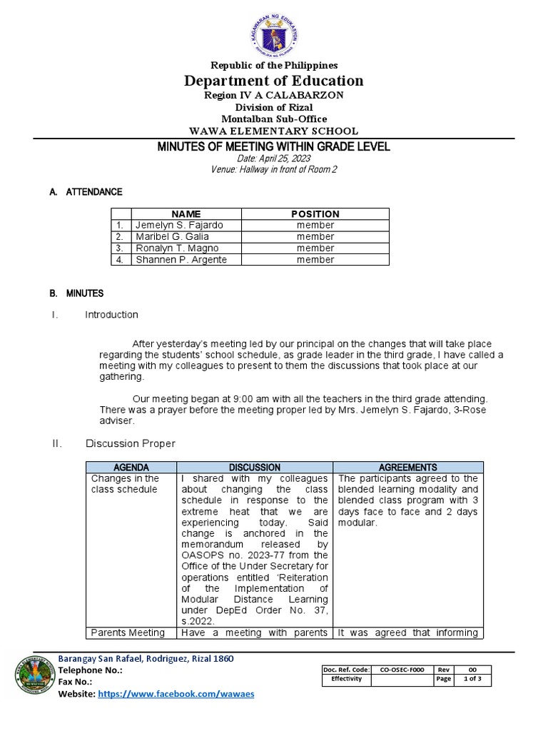 Grade Level Meeting Minutes - April 2023 | PDF