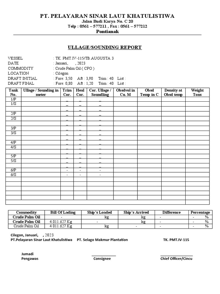 Ullage Sounding Bongkar PMT 115 | PDF | Freight Transport | Watercraft
