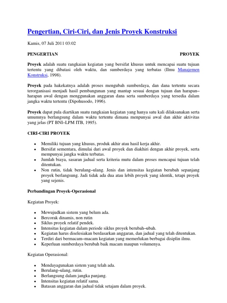 Pengertian Ciri Dan Jenis Proyek Konstruksi | PDF