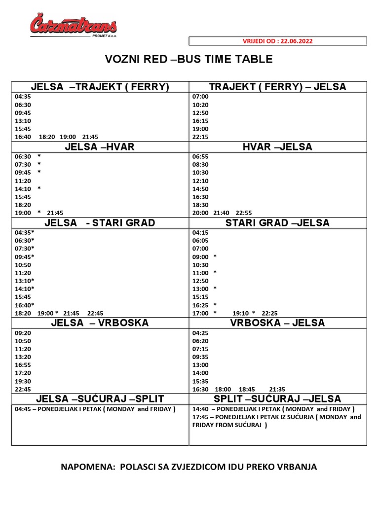 Vozni Red 220622 Jelsa | PDF