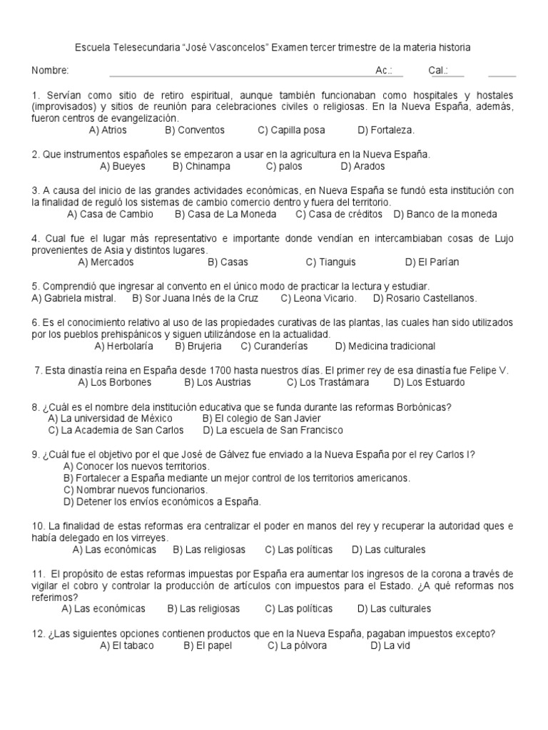 Examen Historia | PDF | Nueva españa | España