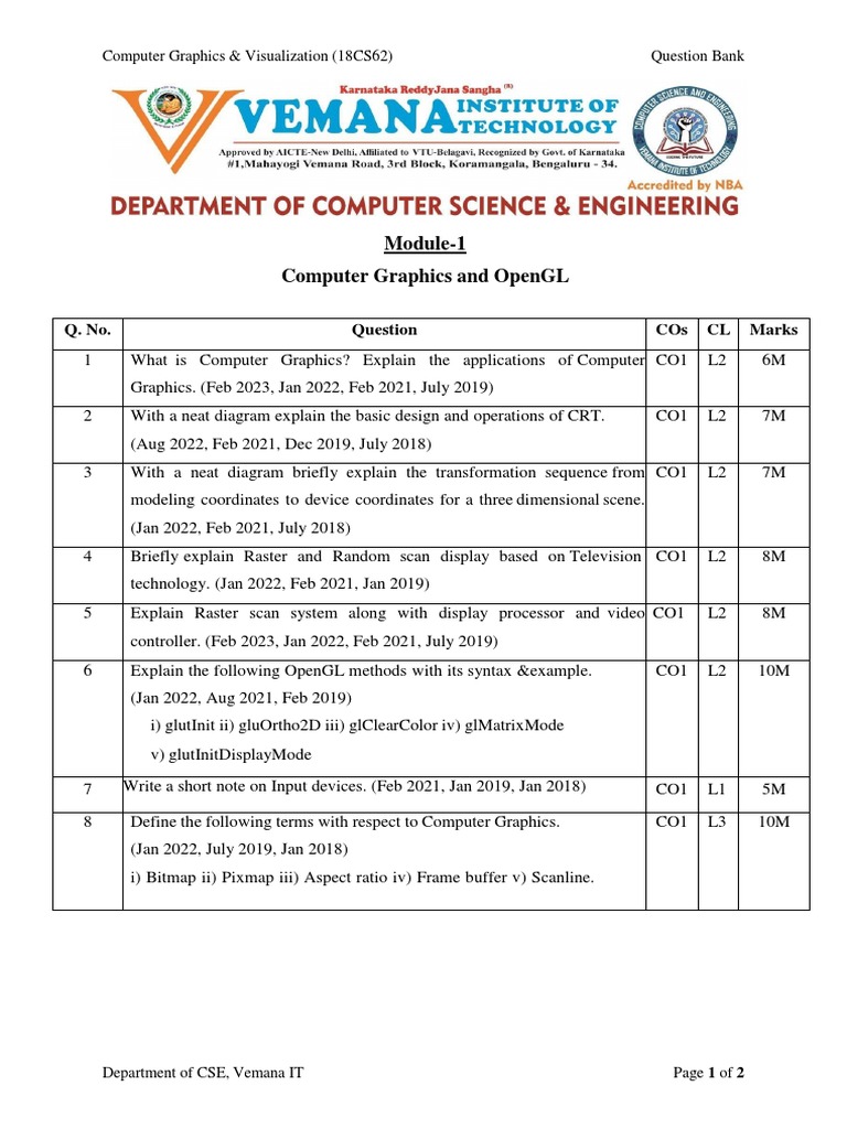 18CS62 CGV QuestionBank Module 1 | PDF | Computer Graphics | Imaging