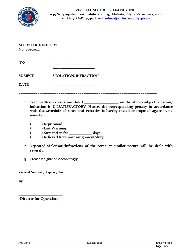 006-Violation-Infraction Memo-Rev0 | PDF