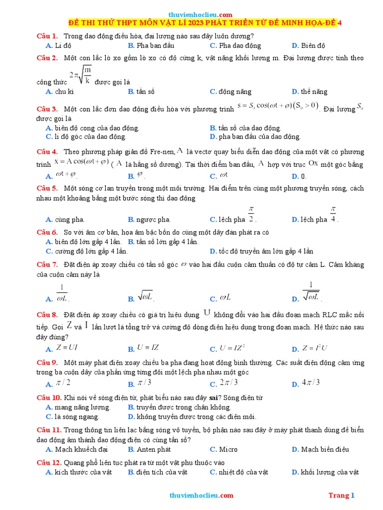 De Thi Thu TN 2023 Vat Li Phat Trien Tu de Tham Khao de 4 | PDF