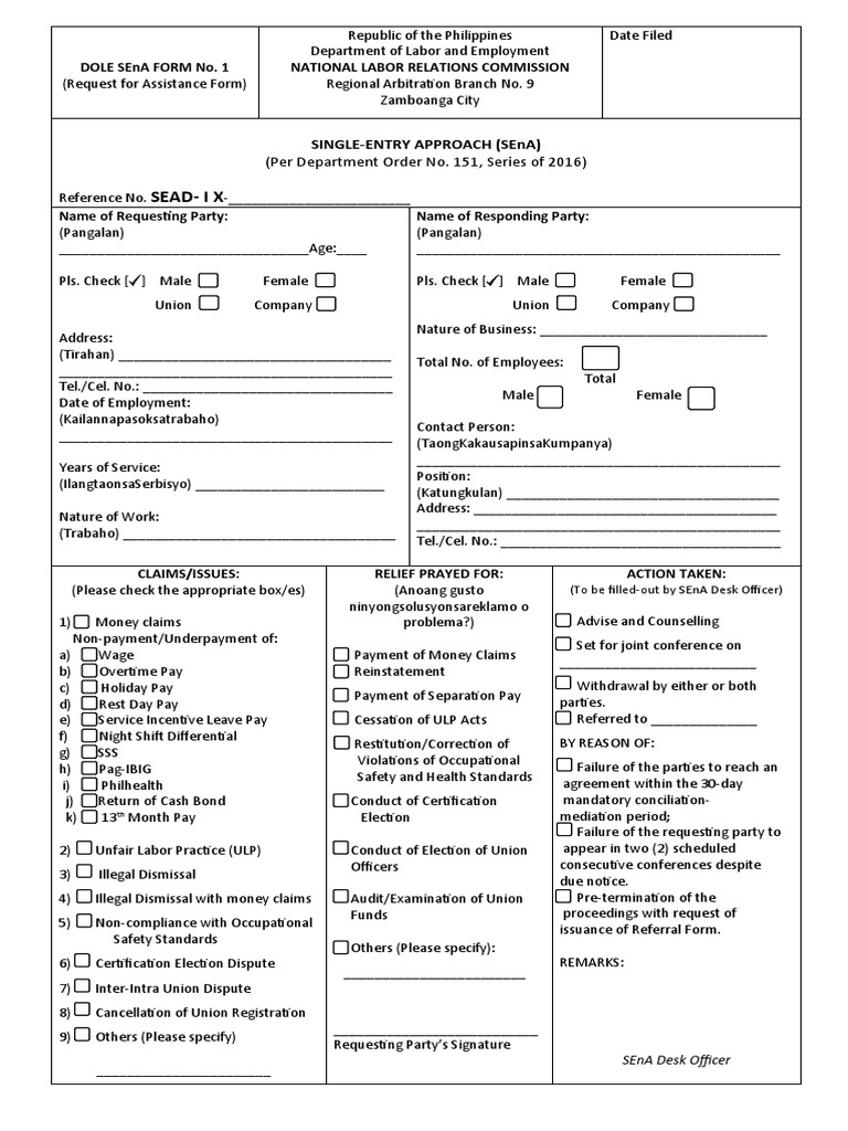 DOLE SEnA FORM No. 1 SINGLE COMP | PDF