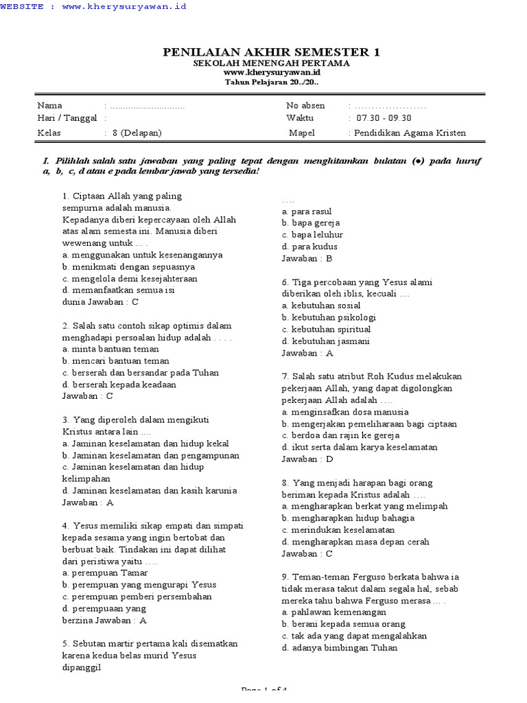 Soal & Jawaban PAS Agama Kristen Kelas 8 - Www.kherysuryawan.id | PDF