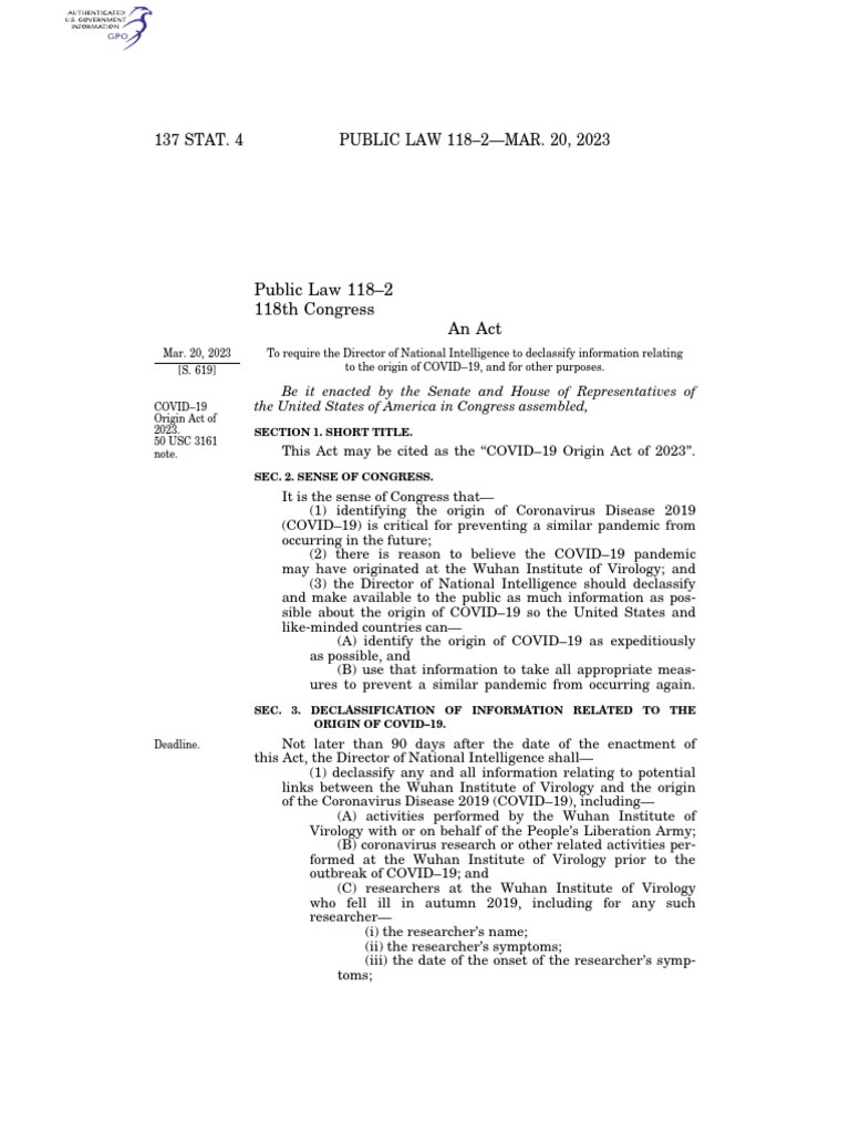 COVID-19 Origin Act of 2023 Summary | PDF | Federal Government Of The ...