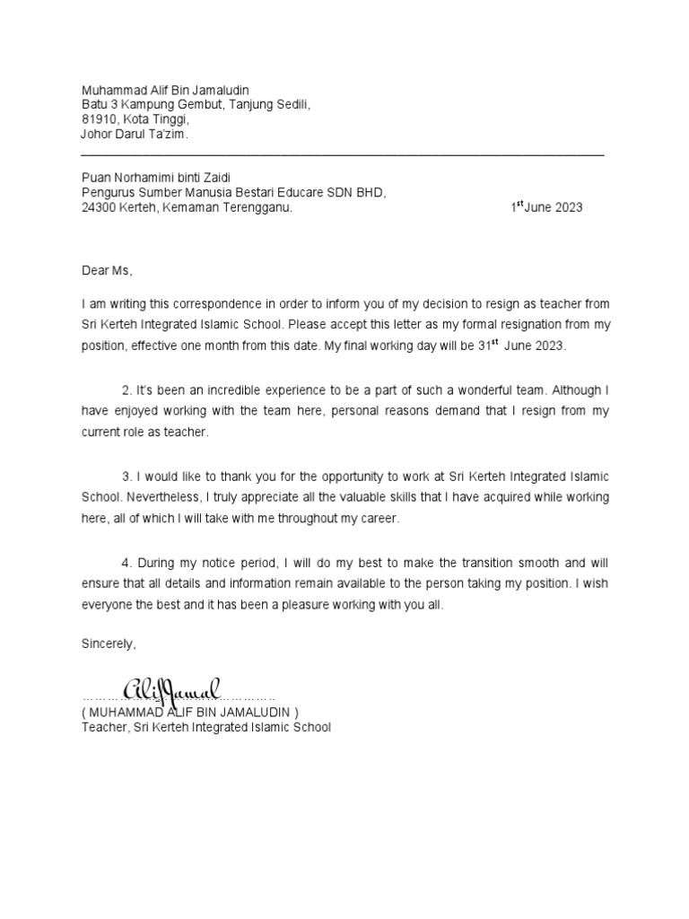 Resign Letter Alif | PDF