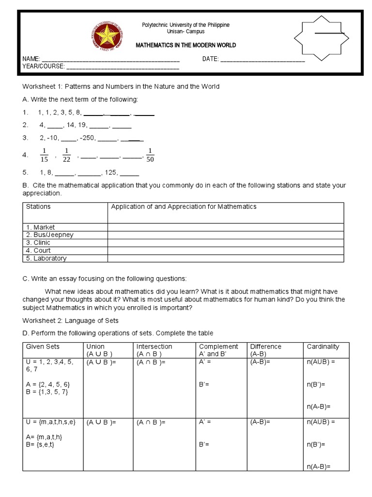 Worksheet 1 & 2 Mathematics in The Modern World | PDF | Set ...